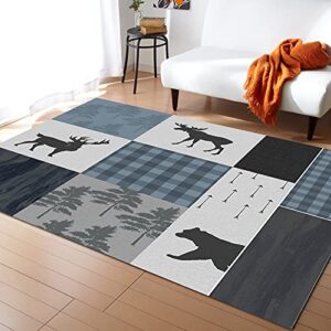 large rectangular area rugs 5' x 7' living room, retro countryside bear moose woods durable non slip rug carpet floor mat for bedroom bedside outdoor blue grey buffalo plaid