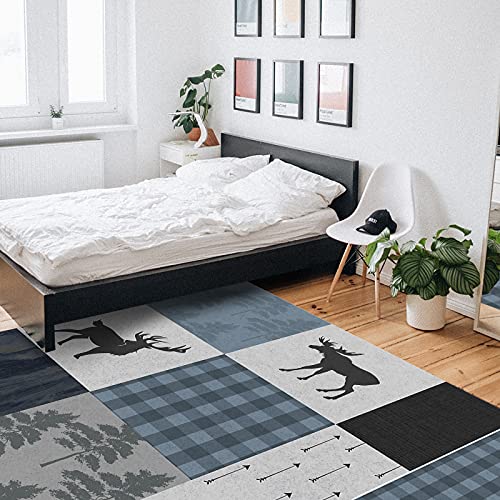 Large Rectangular Area Rugs 5' x 7' Living Room, Retro Countryside Bear Moose Woods Durable Non Slip Rug Carpet Floor Mat for Bedroom Bedside Outdoor Blue Grey Buffalo Plaid