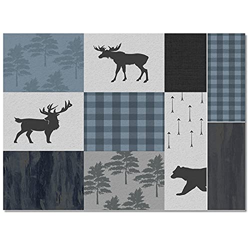 Large Rectangular Area Rugs 5' x 7' Living Room, Retro Countryside Bear Moose Woods Durable Non Slip Rug Carpet Floor Mat for Bedroom Bedside Outdoor Blue Grey Buffalo Plaid