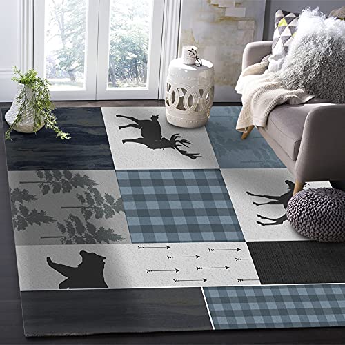 Large Rectangular Area Rugs 5' x 7' Living Room, Retro Countryside Bear Moose Woods Durable Non Slip Rug Carpet Floor Mat for Bedroom Bedside Outdoor Blue Grey Buffalo Plaid