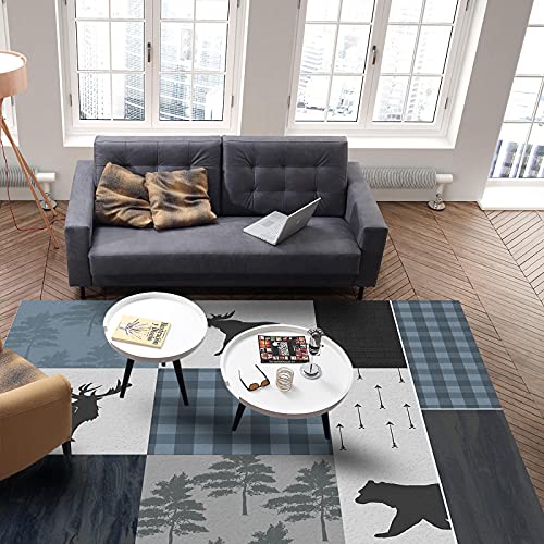 Large Rectangular Area Rugs 5' x 7' Living Room, Retro Countryside Bear Moose Woods Durable Non Slip Rug Carpet Floor Mat for Bedroom Bedside Outdoor Blue Grey Buffalo Plaid