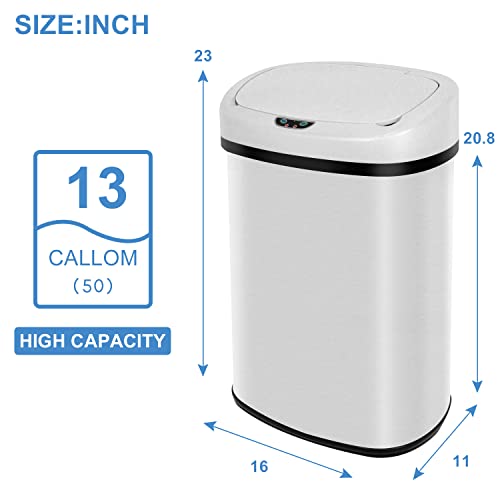 13 Gallon 50 Liter kitchen Trash Can with Touch-Free & Motion Sensor, Automatic Stainless-Steel Garbage Can, Anti-fingerprint Mute Designed Trash Bin Touchless Trash Can for Office Bedroom, White