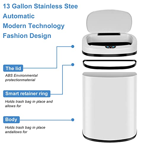 13 Gallon 50 Liter kitchen Trash Can with Touch-Free & Motion Sensor, Automatic Stainless-Steel Garbage Can, Anti-fingerprint Mute Designed Trash Bin Touchless Trash Can for Office Bedroom, White