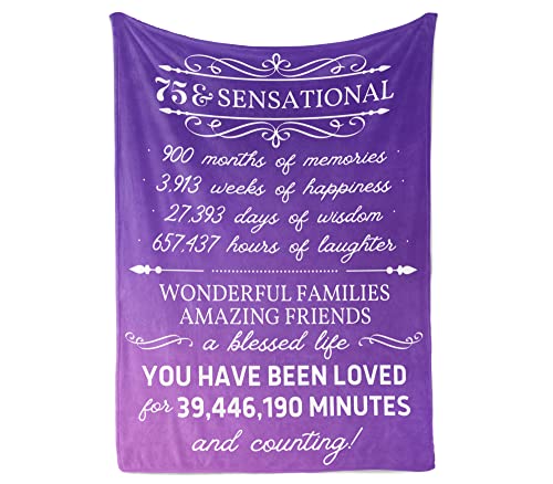 InnoBeta 75th Birthday Gifts for Women, Birthday Presents for 75 Year Old Women - 75 & Sensational - Grandma, Greatgrandma, Mom, Aunt, Sister - Flannel Throw Blanket - Purple, 50"x 65"