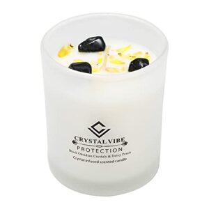 protection crystal candle - vanilla scented candle with black obsidian crystals and daisy petals - candle with crystals inside for positive energy