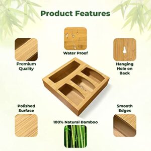 Walmax Bamboo Ziplock Bag Organizer - 12 x 3 x 12 Inches Plastic Bag Organizer - 4 compartments Ziplock Bag Storage Organizer for Kitchen Drawer