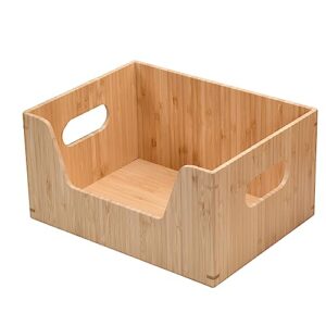 mobilevision bamboo stackable open front storage bin for kitchen pantry cabinets holds potatoes, onions, packaged goods, boxed meals & more, 12" x 9" x 6"