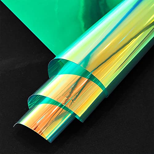 12x53 Inch Mirrored Green Foil Laser Graphic Fabric Holographic Cyan PVC Vinyl for DIY Patchwork Bags Bows Jewlery Making (XHT-299-L)