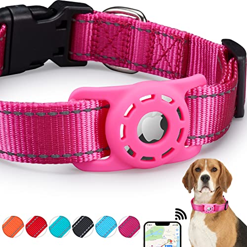 Konity AirTag Cat Collar, Compatible with Apple 2021, Nylon Pet Kitten Puppy Collar with Silicone Holder for Small Dogs, Pink,XS: 8''-12'' Neck