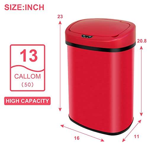 13 Gallon 50 Liter kitchen Trash Can with Touch-Free & Motion Sensor, Automatic Stainless-Steel Garbage Can, Anti-fingerprint Mute Designed Trash Bin Touchless Trash Can for Office Bedroom, Red