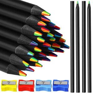 48 pcs rainbow colored pencils, 7 color in 1 rainbow pencil for kids, wooden colored pencil multi colored pencils bulk with 4 pieces sharpener for kids adults art drawing (black wood)