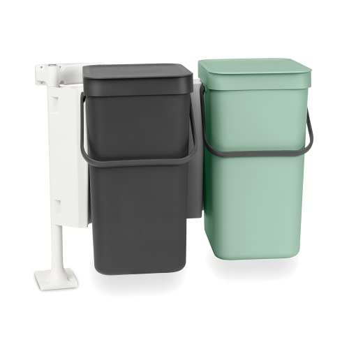 Brabantia Sort & Go Built-in Cupboard Recycling Cans (2 x 3.2 Gal/Dark Gray & Jade Green) Double Door Mounted Trash Organisers with Handles & Removable Lids