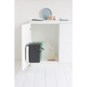 Brabantia Sort & Go Built-in Cupboard Recycling Cans (2 x 3.2 Gal/Dark Gray & Jade Green) Double Door Mounted Trash Organisers with Handles & Removable Lids