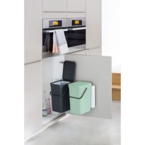 Brabantia Sort & Go Built-in Cupboard Recycling Cans (2 x 3.2 Gal/Dark Gray & Jade Green) Double Door Mounted Trash Organisers with Handles & Removable Lids