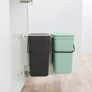 Brabantia Sort & Go Built-in Cupboard Recycling Cans (2 x 3.2 Gal/Dark Gray & Jade Green) Double Door Mounted Trash Organisers with Handles & Removable Lids