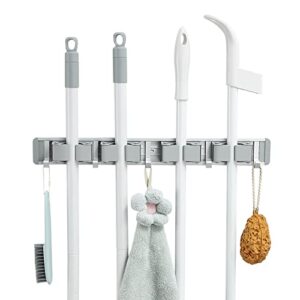 botaoss mop and broom holder wall mount garden tool organizer, closet storage, kitchen rack, home organization and garage organizer(4 positions with 5 hooks, grey) (grey)