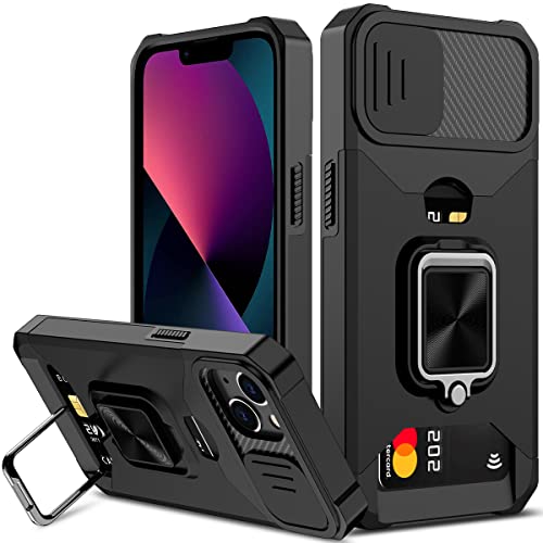 Nvollnoe for iPhone 13 Case with Sliding Camera Cover and Card Holder Heavy Duty Protective iPhone 13 Case with Ring Magnetic Kickstand Phone Case for iPhone 13 6.1 inch(Black)