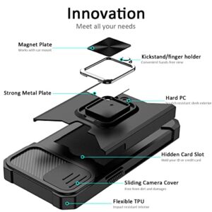 Nvollnoe for iPhone 13 Case with Sliding Camera Cover and Card Holder Heavy Duty Protective iPhone 13 Case with Ring Magnetic Kickstand Phone Case for iPhone 13 6.1 inch(Black)