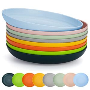 berglander 9 inch plastic deep dinner plates set of 8 colors, reusable and sturdy unbreakable dishes set for pasta bowls,ramen,drop resistant, bpa free dinnerware microwave safe dishwasher safe