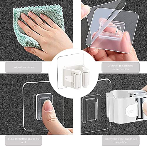 Broom Mop Holder Wall Mounted Garage Organization Tool 4Pcs Broom Gripper Holds Self Adhesive Reusable Super Anti-Slip Mop holder Organizer No Drill Install Easily Storage for Bathroom Kitchen Garden