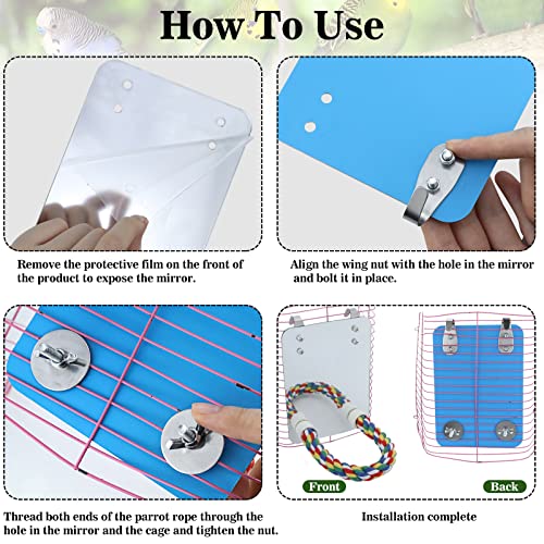 Bird Mirror for Cage with Parrot Rope Perch for Parakeet/Budgerigar/Lovebird/Canaries Stand