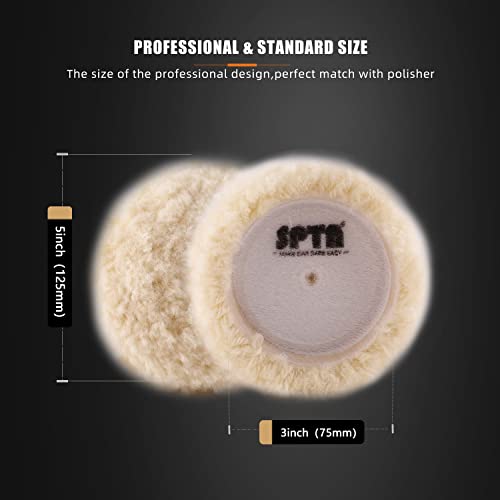 SPTA Wool Polishing Pad, 5Pcs 3"(75mm) 100% Natural Wool Buffing Pad with 1Pc Hook&Loop Backing Pad, 1Pc Extension Shank for Drill Polisher Cutting, Car Body Repair Buffing