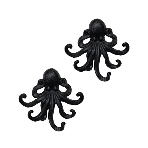 Ymaiss 2 Pack Rustic Antique Black Cast Iron Octopus Hooks,Key Hooks,Sea Theme Hook,Coastal Hook,Decorative Swimming Octopus Tentacles Key Hook Matching Screws Included