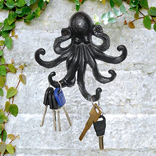 Ymaiss 2 Pack Rustic Antique Black Cast Iron Octopus Hooks,Key Hooks,Sea Theme Hook,Coastal Hook,Decorative Swimming Octopus Tentacles Key Hook Matching Screws Included