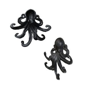 Ymaiss 2 Pack Rustic Antique Black Cast Iron Octopus Hooks,Key Hooks,Sea Theme Hook,Coastal Hook,Decorative Swimming Octopus Tentacles Key Hook Matching Screws Included