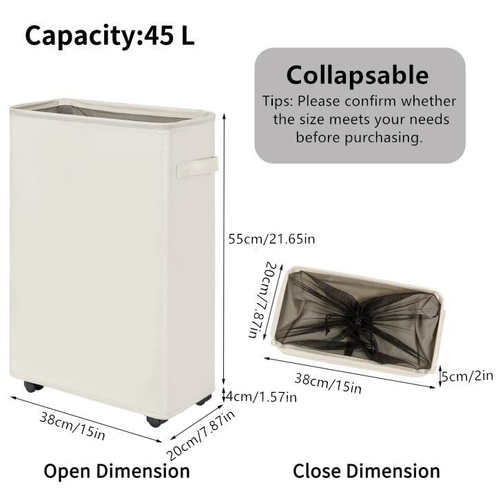 Chrislley 45L Slim Laundry Hamper with Wheels Narrow Rolling Laundry Basket Narrow Laundry Basket with Handle(Beige)