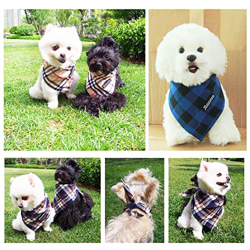 Adjustable Plaid Dog Bandanas,1PC Soft Washable Cotton Triangle Bib Kerchief Scarfs for Small Medium Large Dogs and Cats (Blue, Large)