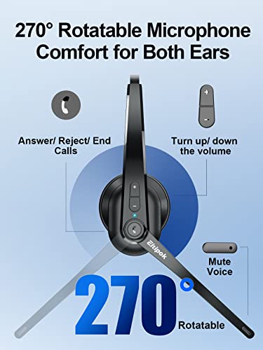 EITIPOK Bluetooth Headset, Bluetooth Trucker Headset with Noise Canceling Mic, On Ear Bluetooth Headphones for Cell Phone/PC/Tablet/Laptop/Computer, Hands Free Headset for Trucker/Business/Students