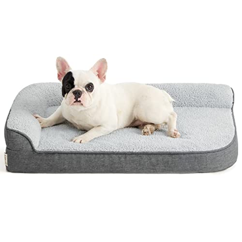 Lesure Orthopedic Dog Bed for Medium Dogs - Medium Washable Dog Beds with Waterproof Liner and Removable Cover - L Chaise Pet Beds with Cozy Faux Fur Linen Fabric, 30x20 inch, Grey