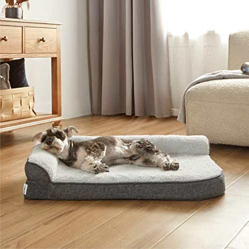 Lesure Orthopedic Dog Bed for Medium Dogs - Medium Washable Dog Beds with Waterproof Liner and Removable Cover - L Chaise Pet Beds with Cozy Faux Fur Linen Fabric, 30x20 inch, Grey