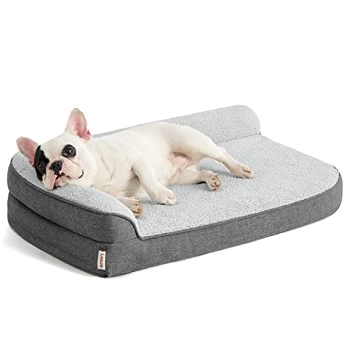 Lesure Orthopedic Dog Bed for Medium Dogs - Medium Washable Dog Beds with Waterproof Liner and Removable Cover - L Chaise Pet Beds with Cozy Faux Fur Linen Fabric, 30x20 inch, Grey