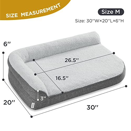 Lesure Orthopedic Dog Bed for Medium Dogs - Medium Washable Dog Beds with Waterproof Liner and Removable Cover - L Chaise Pet Beds with Cozy Faux Fur Linen Fabric, 30x20 inch, Grey