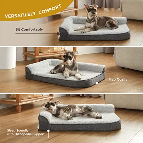 Lesure Orthopedic Dog Bed for Medium Dogs - Medium Washable Dog Beds with Waterproof Liner and Removable Cover - L Chaise Pet Beds with Cozy Faux Fur Linen Fabric, 30x20 inch, Grey