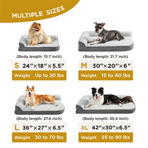 Lesure Orthopedic Dog Bed for Medium Dogs - Medium Washable Dog Beds with Waterproof Liner and Removable Cover - L Chaise Pet Beds with Cozy Faux Fur Linen Fabric, 30x20 inch, Grey