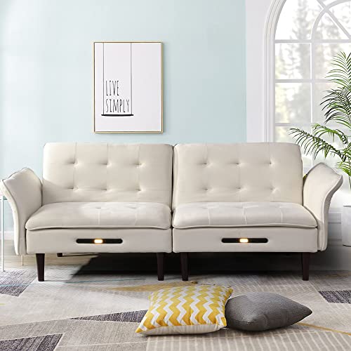 MIYZEAL Convertible Sleeper Sofa with Charging Ports, Velvet Tufted Upholstered Futon Sofa Bed with Adjustable Backrest & Armrest, Modern Loveseat Couch for Living Room Apartment Office (Beige)