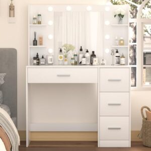 irontar vanity desk, makeup vanity with 10 led lights & 4 drawers, brightness adjustable, dressing table desk with 6 shelves, bedroom vanity table for girls, women, white wdt003w