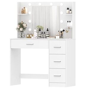 Irontar Vanity Desk, Makeup Vanity with 10 LED Lights & 4 Drawers, Brightness Adjustable, Dressing Table Desk with 6 Shelves, Bedroom Vanity Table for Girls, Women, White WDT003W