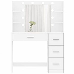 Irontar Vanity Desk, Makeup Vanity with 10 LED Lights & 4 Drawers, Brightness Adjustable, Dressing Table Desk with 6 Shelves, Bedroom Vanity Table for Girls, Women, White WDT003W