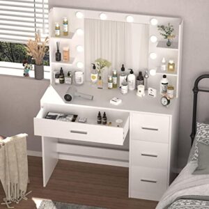 Irontar Vanity Desk, Makeup Vanity with 10 LED Lights & 4 Drawers, Brightness Adjustable, Dressing Table Desk with 6 Shelves, Bedroom Vanity Table for Girls, Women, White WDT003W