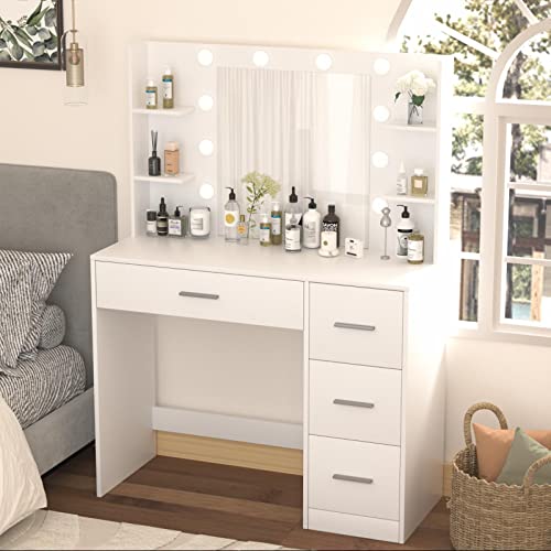 Irontar Vanity Desk, Makeup Vanity with 10 LED Lights & 4 Drawers, Brightness Adjustable, Dressing Table Desk with 6 Shelves, Bedroom Vanity Table for Girls, Women, White WDT003W