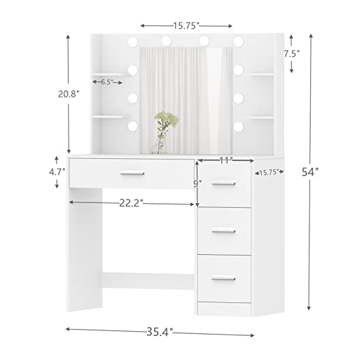 Irontar Vanity Desk, Makeup Vanity with 10 LED Lights & 4 Drawers, Brightness Adjustable, Dressing Table Desk with 6 Shelves, Bedroom Vanity Table for Girls, Women, White WDT003W