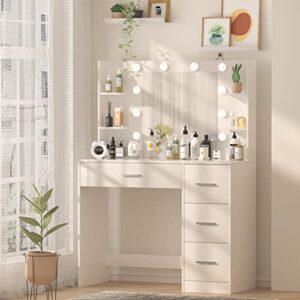 Irontar Vanity Desk, Makeup Vanity with 10 LED Lights & 4 Drawers, Brightness Adjustable, Dressing Table Desk with 6 Shelves, Bedroom Vanity Table for Girls, Women, White WDT003W