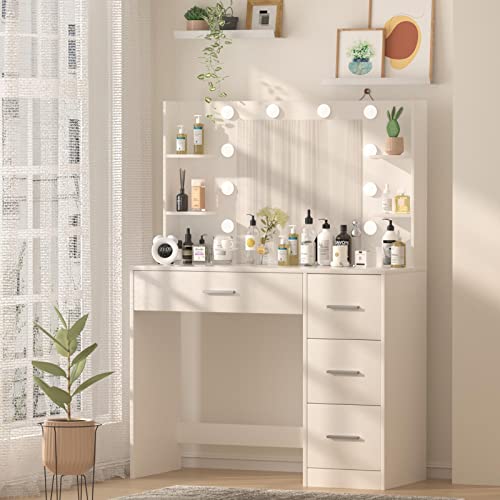 Irontar Vanity Desk, Makeup Vanity with 10 LED Lights & 4 Drawers, Brightness Adjustable, Dressing Table Desk with 6 Shelves, Bedroom Vanity Table for Girls, Women, White WDT003W