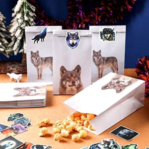 24 Pcs Wolf Party Treat Bags Wolf Goodie Favor Treat Bags Wolf Paper Present Bags with 24 Pcs Wolf Field Stickers for Wolf Themed Gift Bags Wolf Birthday Party Decorations Supplies