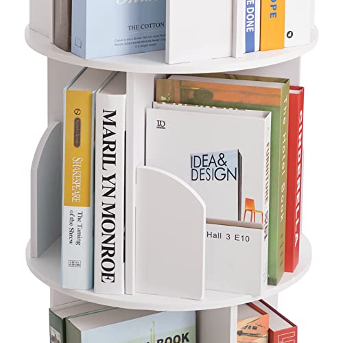 DOEWORKS 3 Tier 360 Rotation Display Bookcase, Rotating Stackable Bookshelf Organizer Storage Display Rack for Home Office, White