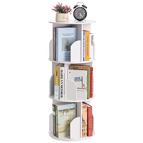 DOEWORKS 3 Tier 360 Rotation Display Bookcase, Rotating Stackable Bookshelf Organizer Storage Display Rack for Home Office, White